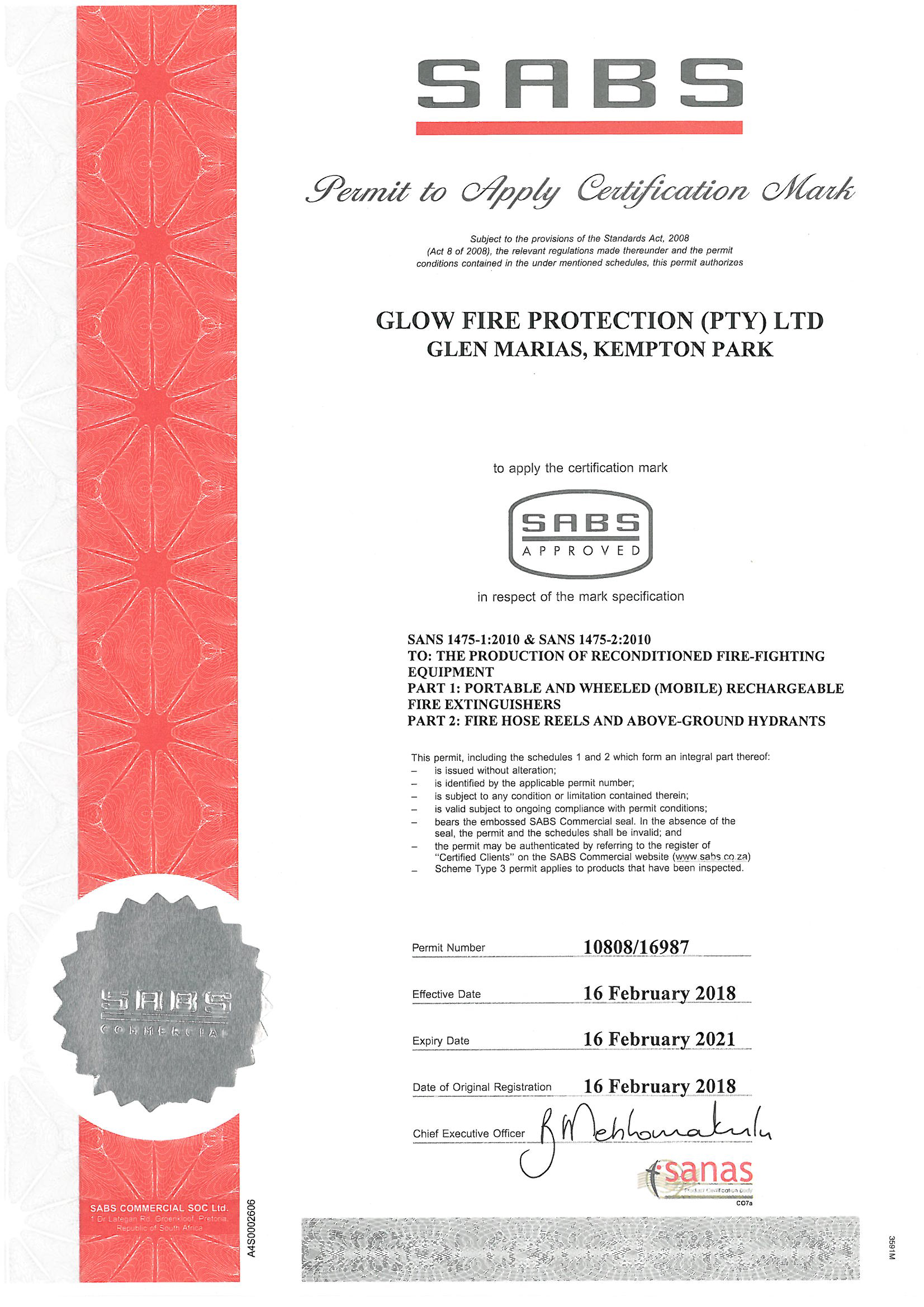 Certifications - Glow Fire Protection